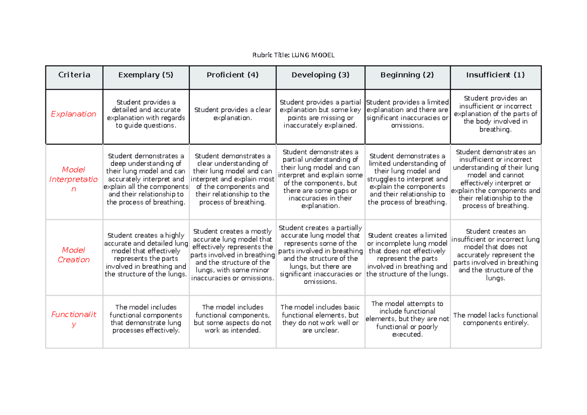 LUNG MODEL RUBRIC: Criteria for Assessment and Evaluation - Studocu