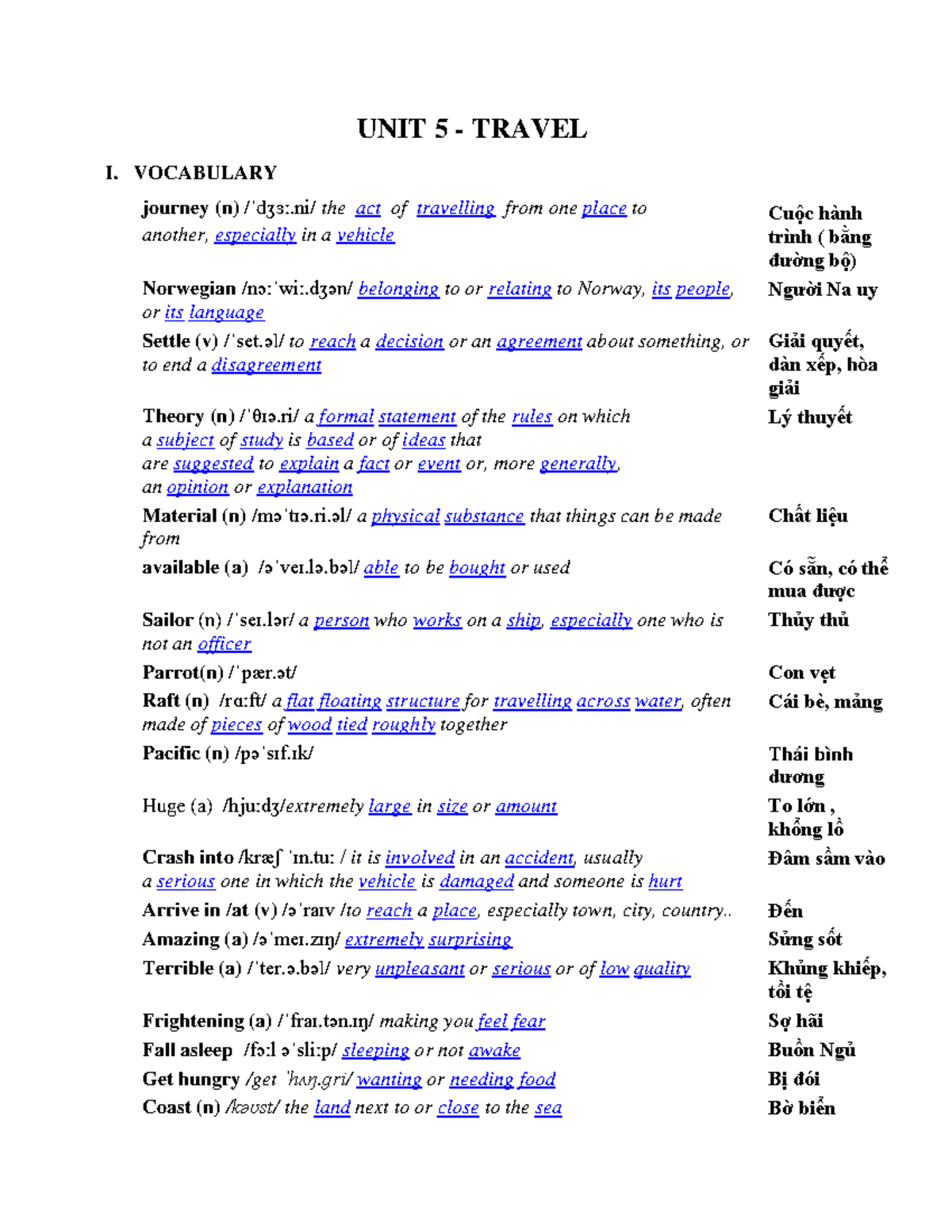 HA6 -UNIT 5 - T1 - good - UNIT 5 - TRAVEL I. VOCABULARY journey (n ...