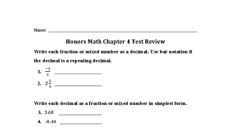 HMath Chapter 4 Test Review - Fractions & Decimals - Studocu