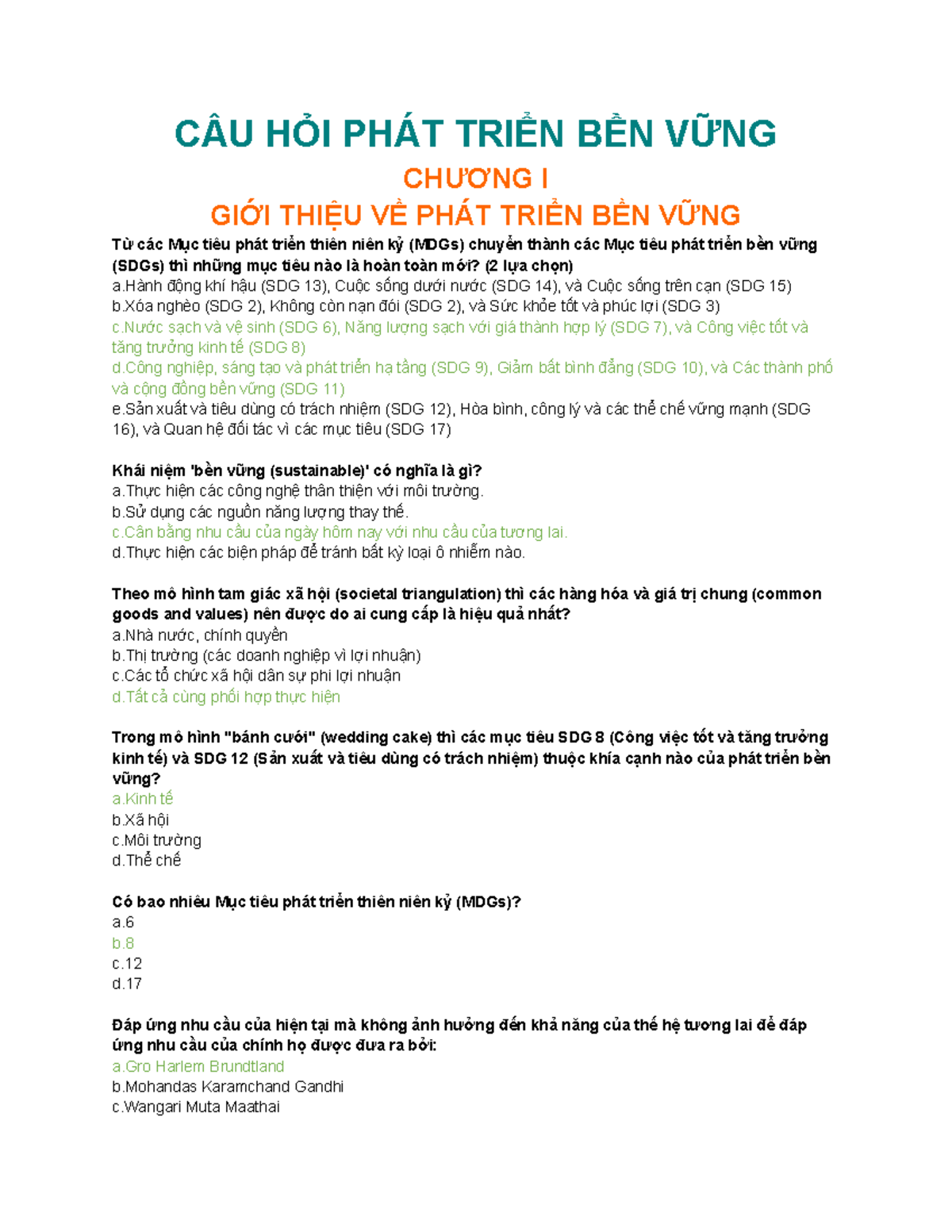 PTBV C1 - Đáp án Trắc Nghiệm về Phát Triển Bền Vững Chương I - Studocu