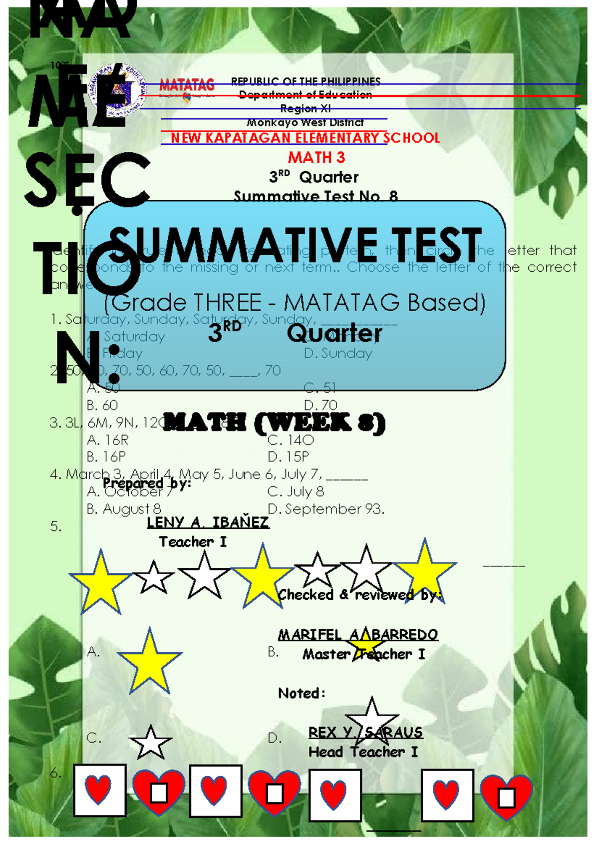 MATH 3: 3rd Quarter Summative Test No. 8 on Patterns - Studocu