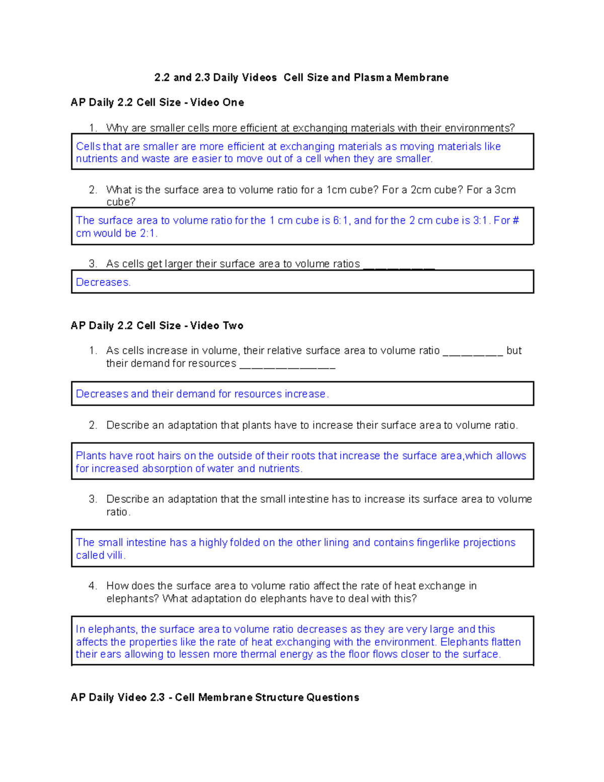 AP Daily Videos: Cell Size & Membrane Structure Notes (2.2 & 2.3) - Studocu