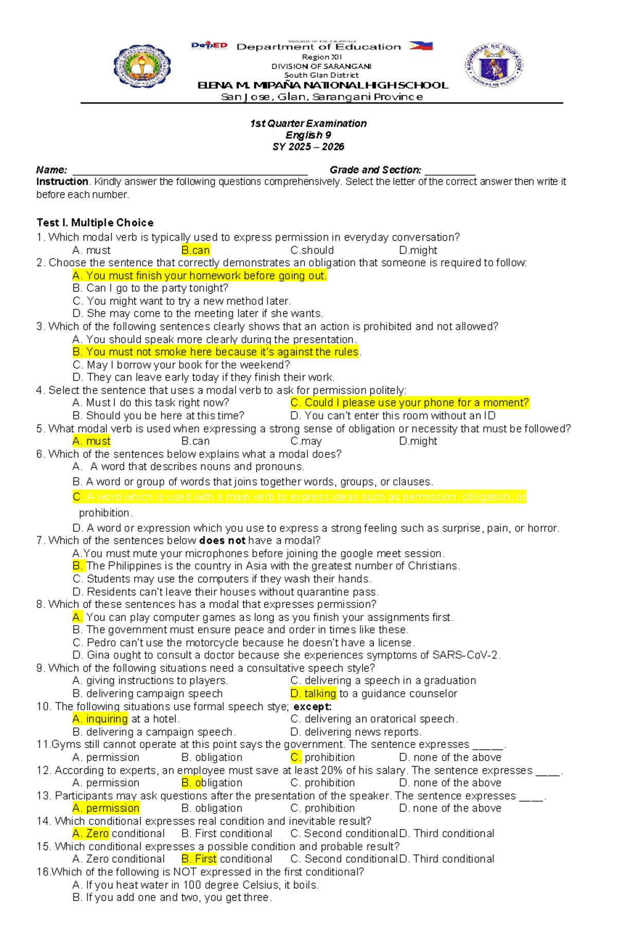 English 9 - 1st Quarter Exam Review and Practice Questions - Studocu