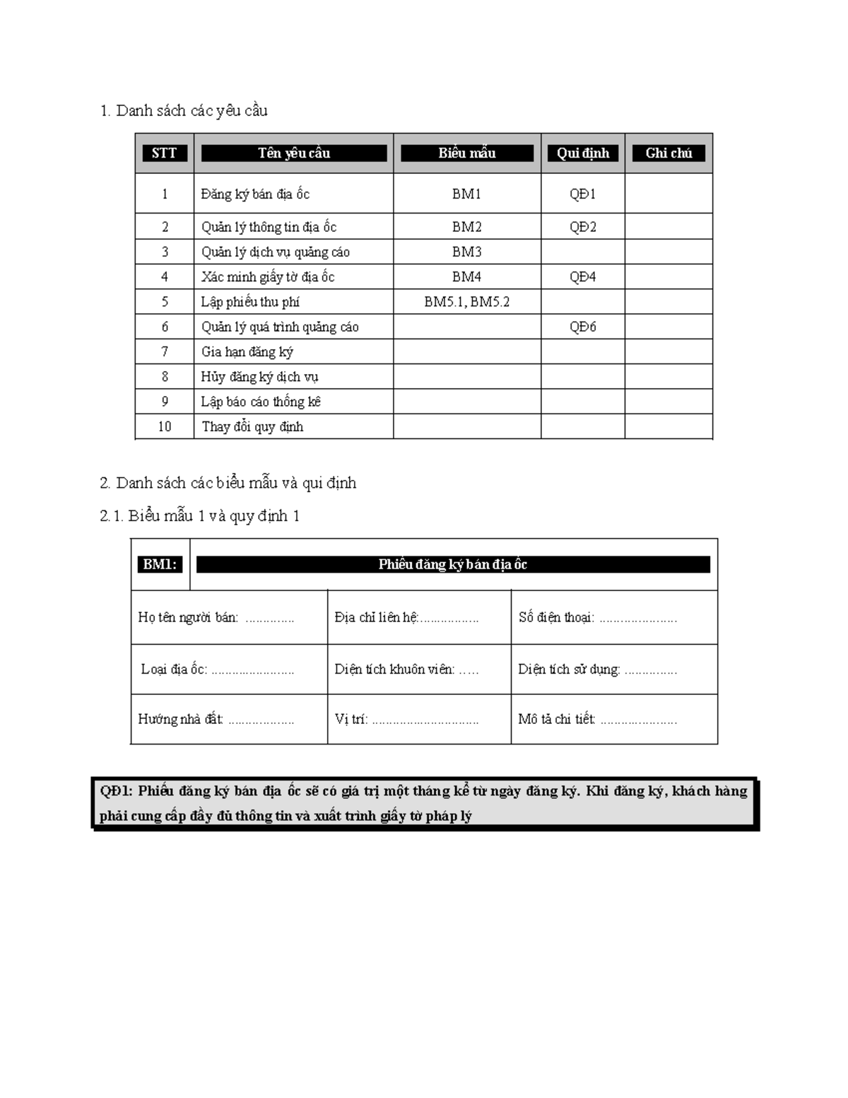 QLCho Dia Oc Nhap Mon CNPM - 1. Danh sách các yêu cầu STT Tên yêu cầu ...
