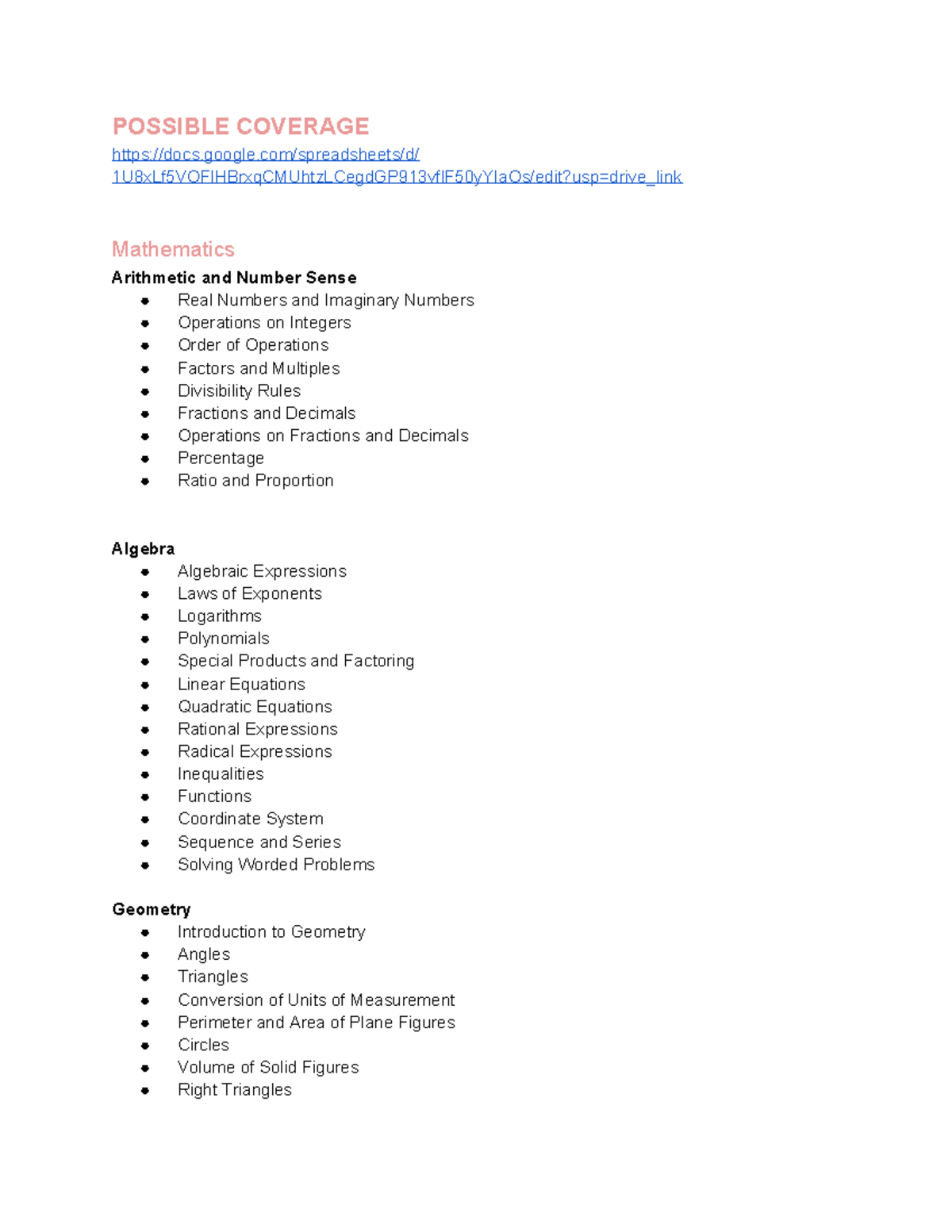 Coverage - dwd - POSSIBLE COVERAGE docs.google/spreadsheets/d/ - Studocu