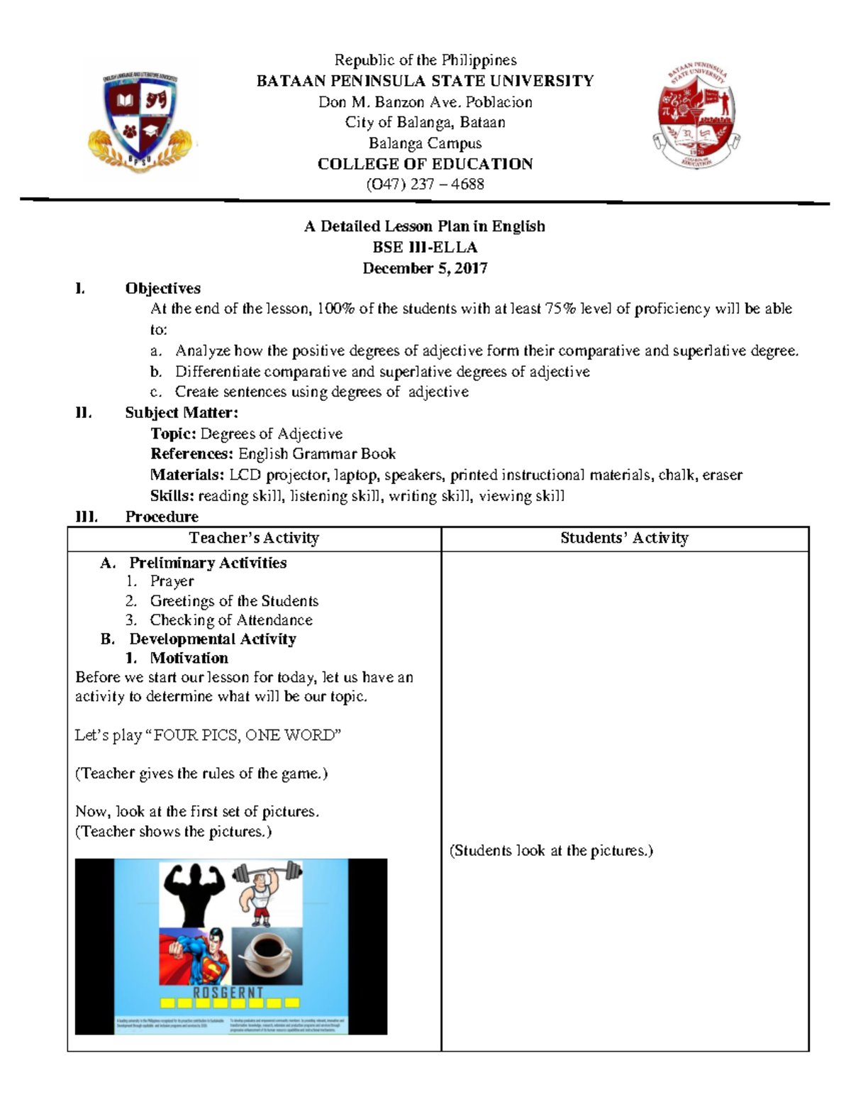 Detailed Lesson Plan on Degrees of Adjectives (BSE 047) - Studocu