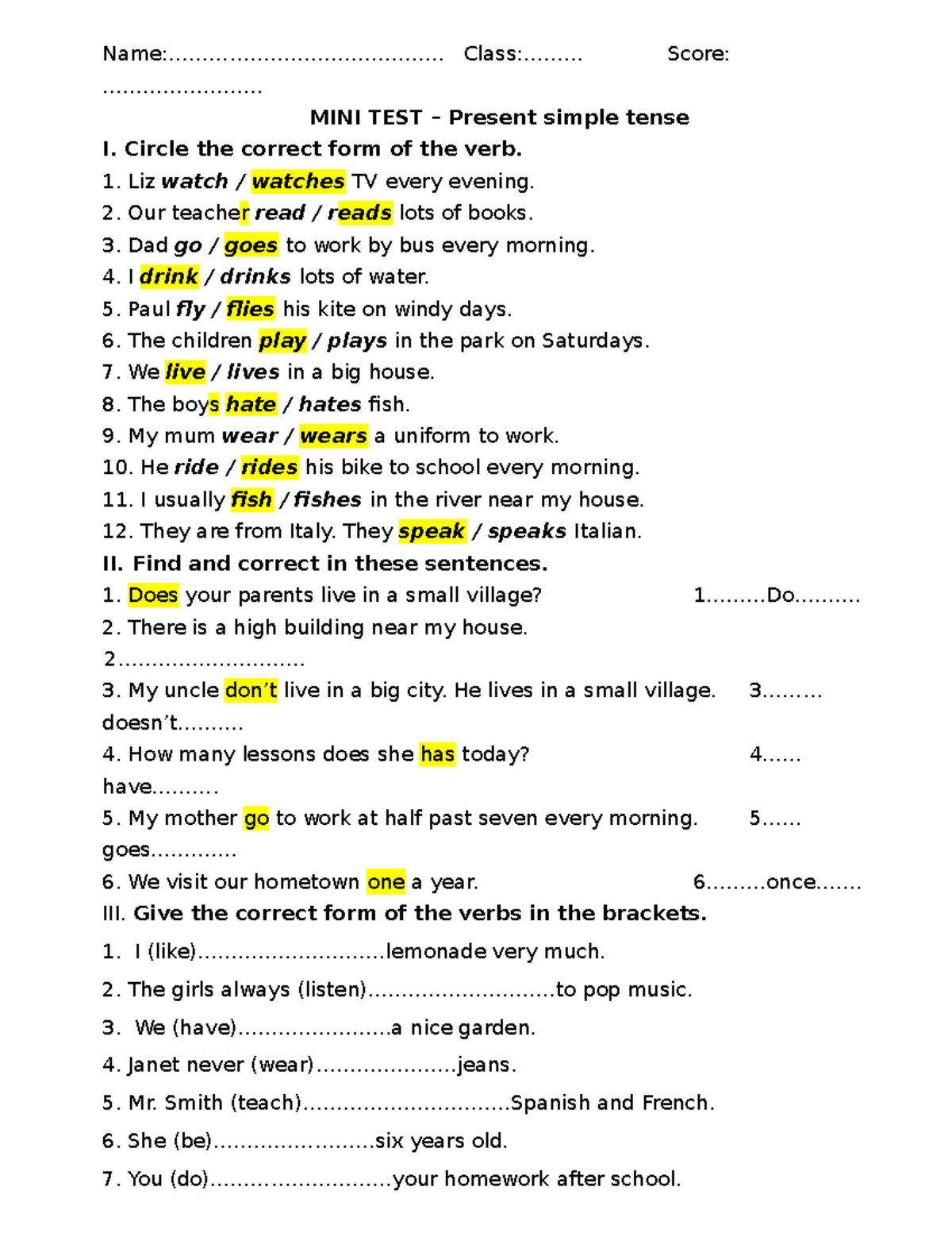 MINI TEST: Present Simple Tense Practice - Studocu