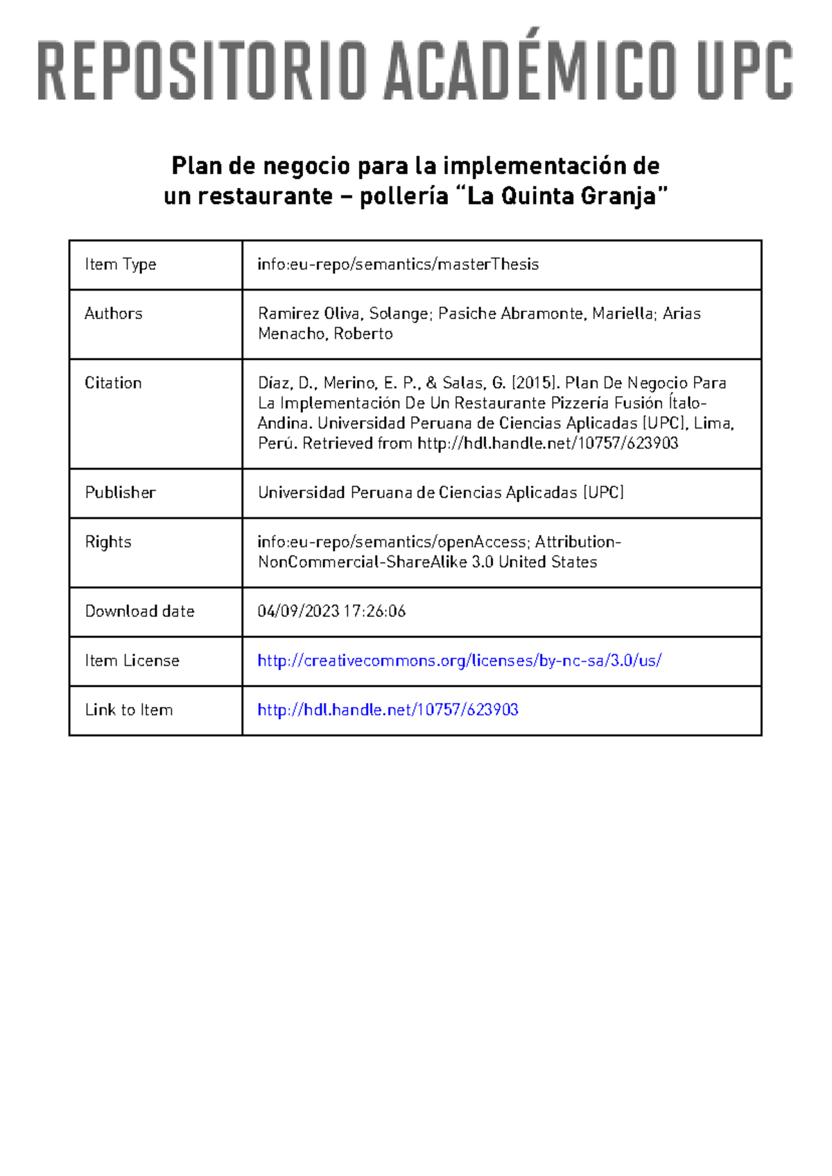 Plan de Negocio para Restaurante Pollería "La Quinta Granja" - Studocu