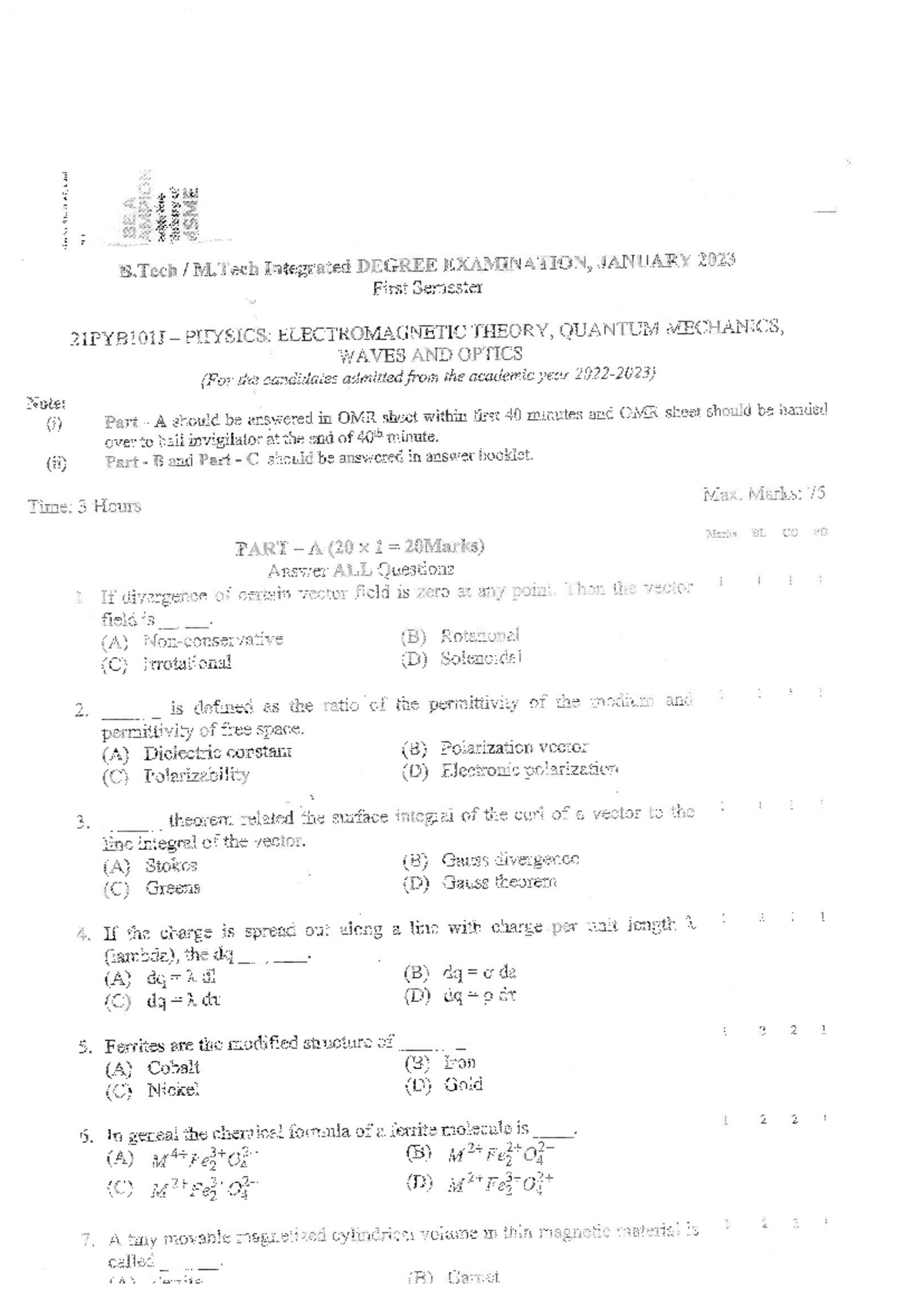 21PYB101J Semester Question Paper 2022-2023 - Studocu
