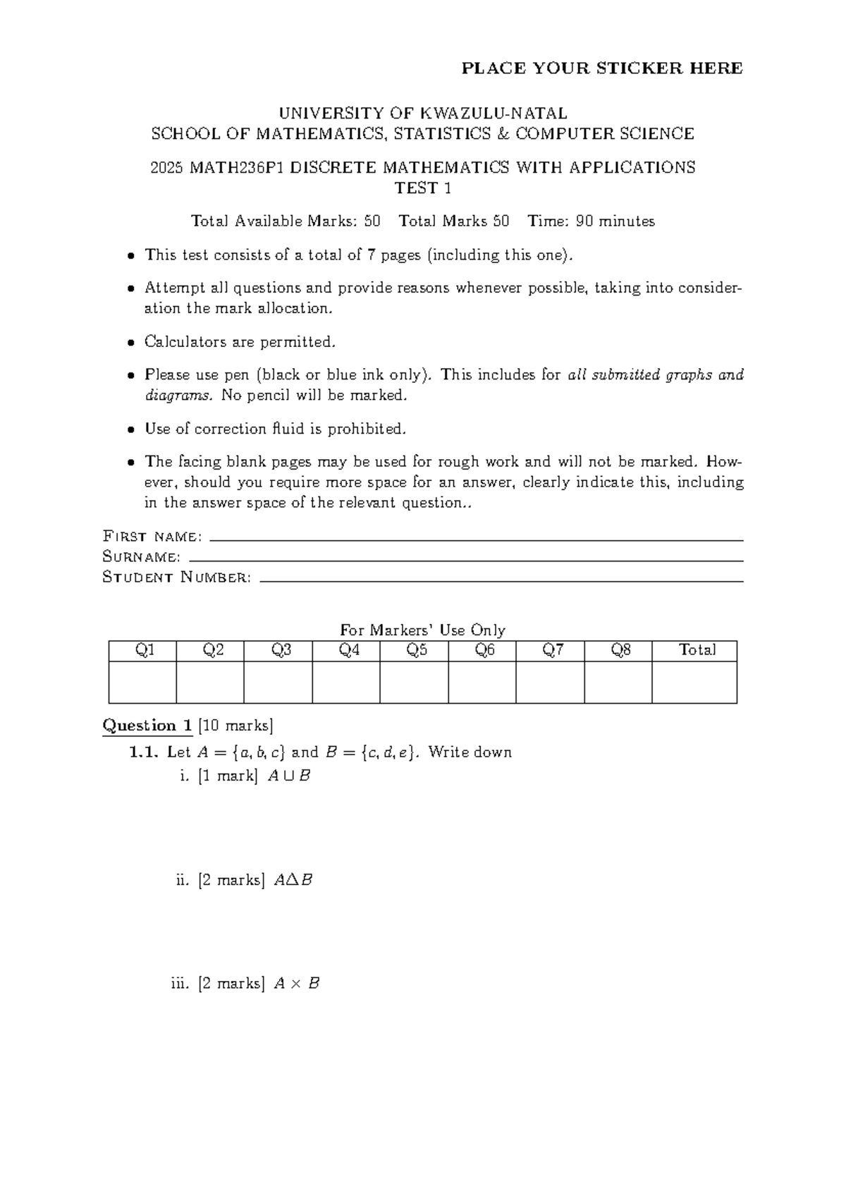 2025 MATH236P1 Discrete Mathematics Test 1 Notes - Studocu