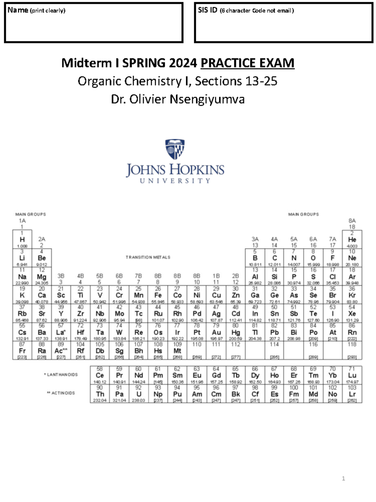 Midterm I Practice Exam for Organic Chemistry I (OCHEM 101) SP24 - Studocu