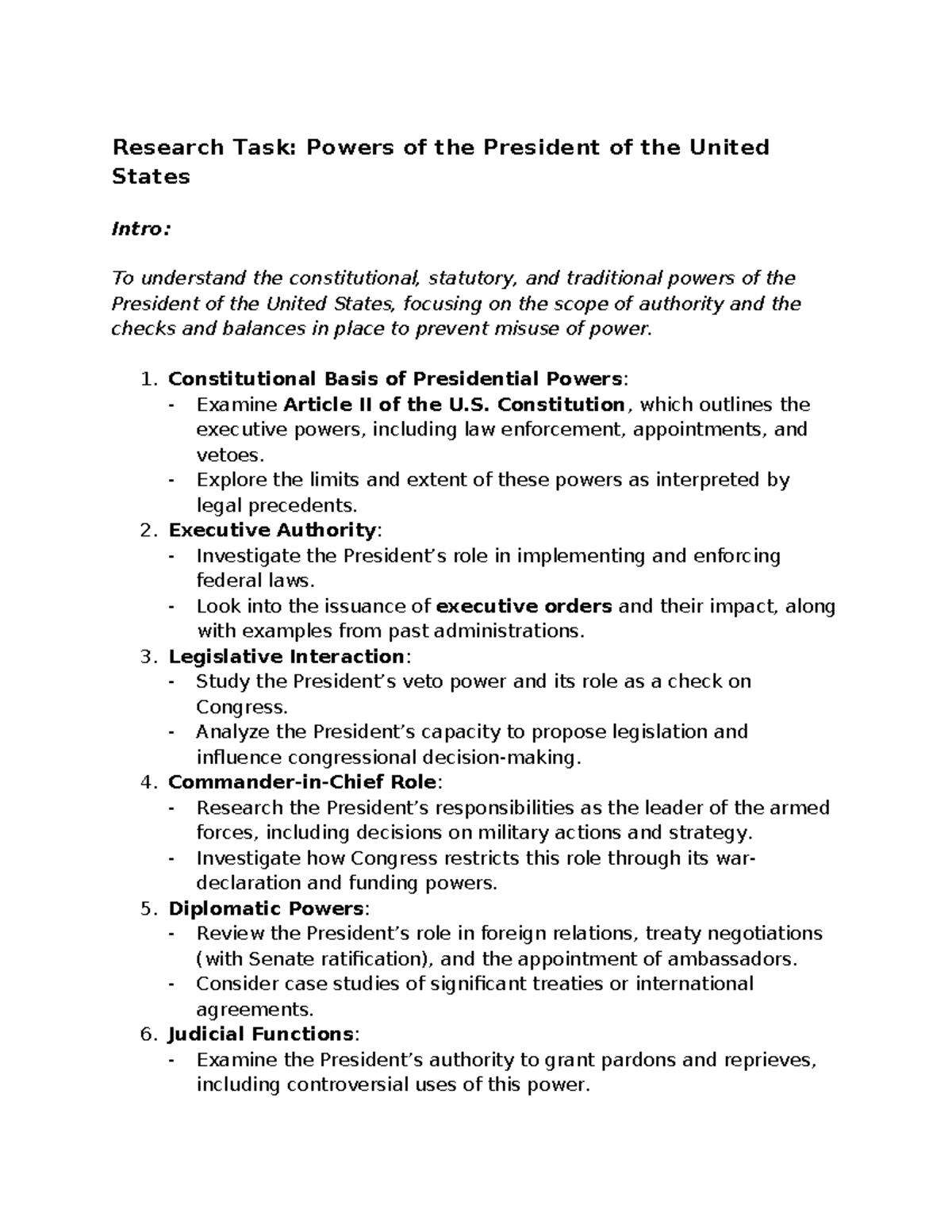 Research Task -Powers of the President of the United States - Research ...