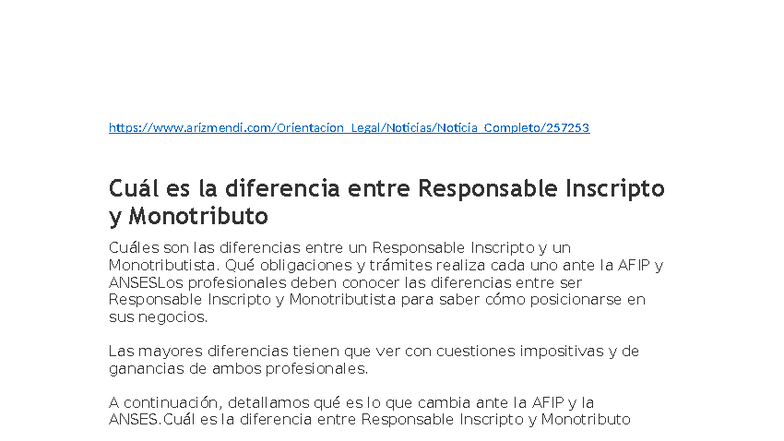 AFIP - Diferencias entre Responsable Inscripto y Monotributista - Studocu
