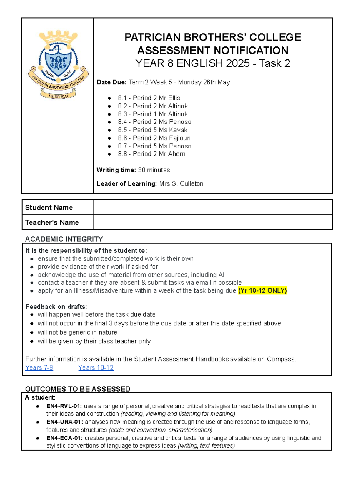 Year 8 English Task 2 Assessment Notification 2025 - Studocu