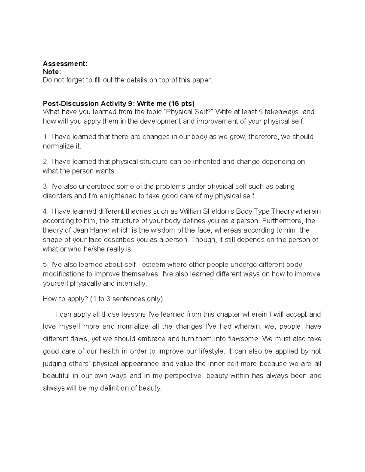 8 Uself Assessment- Post-Discussion Activity 9 - 10 - Assessment: Note ...