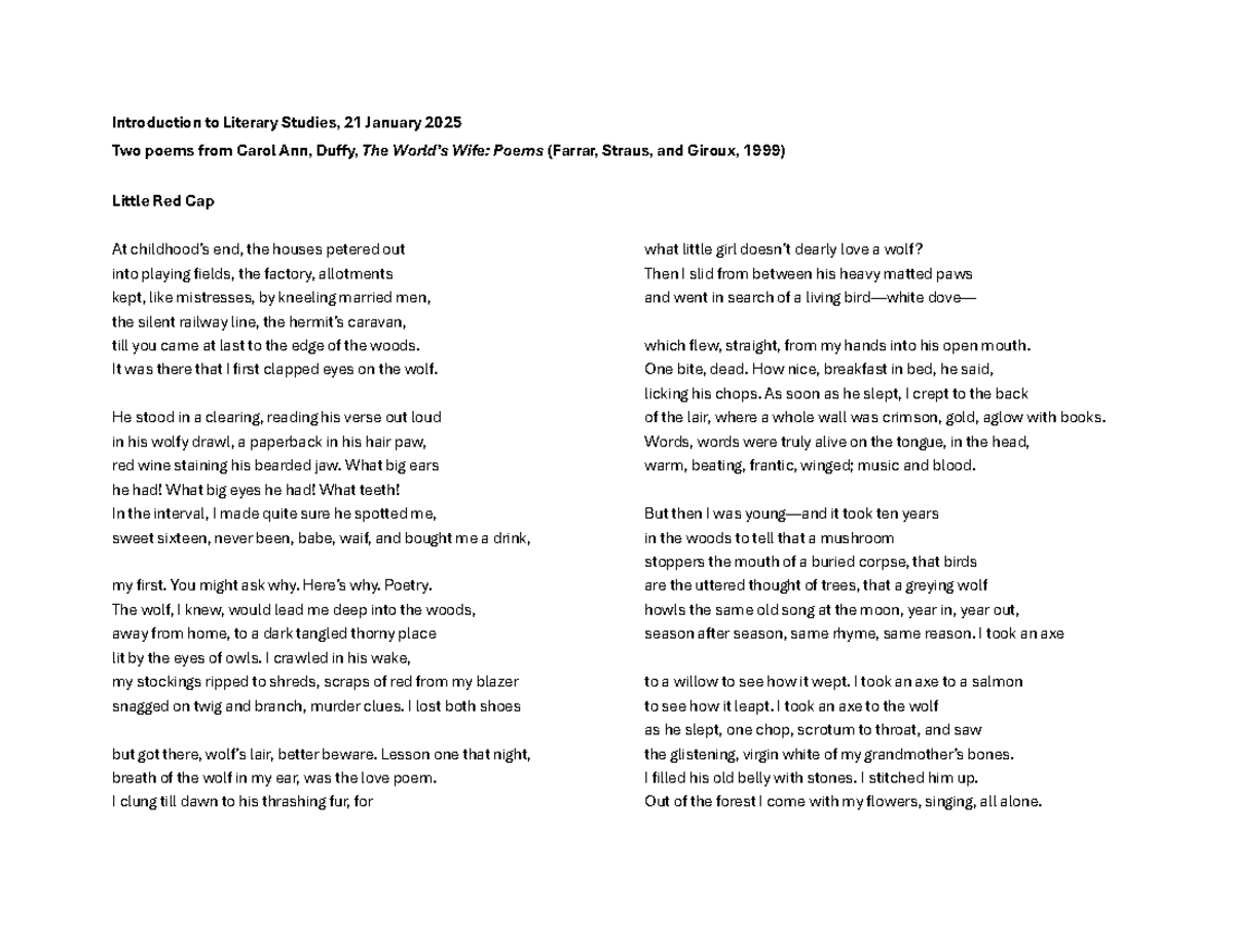 Duffy Poems Analysis - Introduction to Literary Studies, 1.21 - Studocu