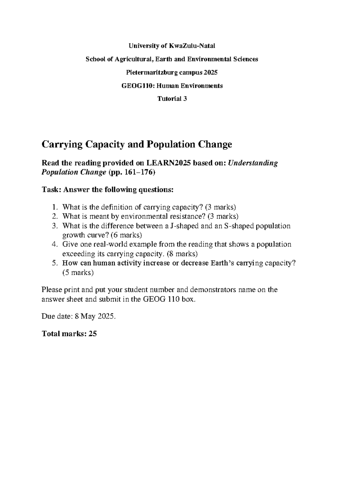 GEOG110: Tutorial 3 on Carrying Capacity & Population Change - Studocu