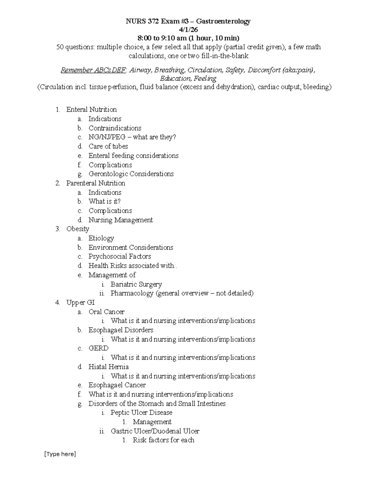 NURS 372 Final Exam Study Guide: Gastroenterology Overview - Studocu