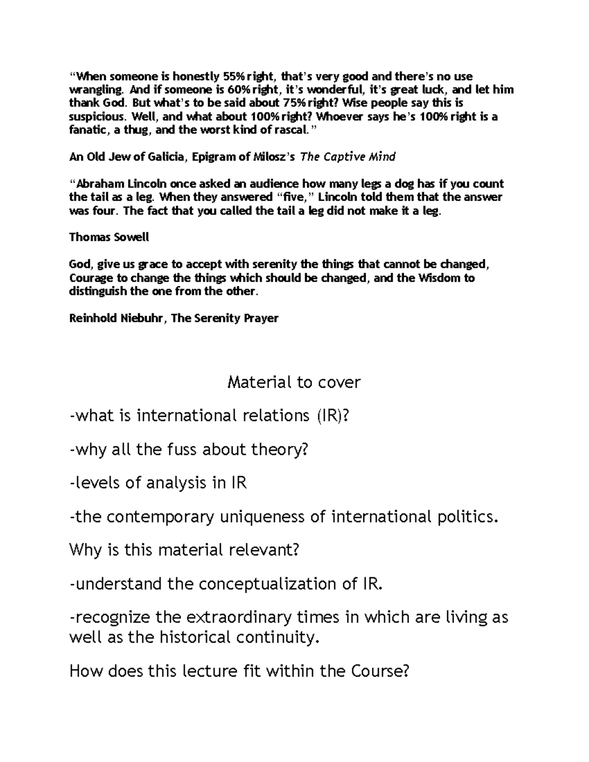 260 Intro Lecture Notes: Foundations of International Relations 2025 ...