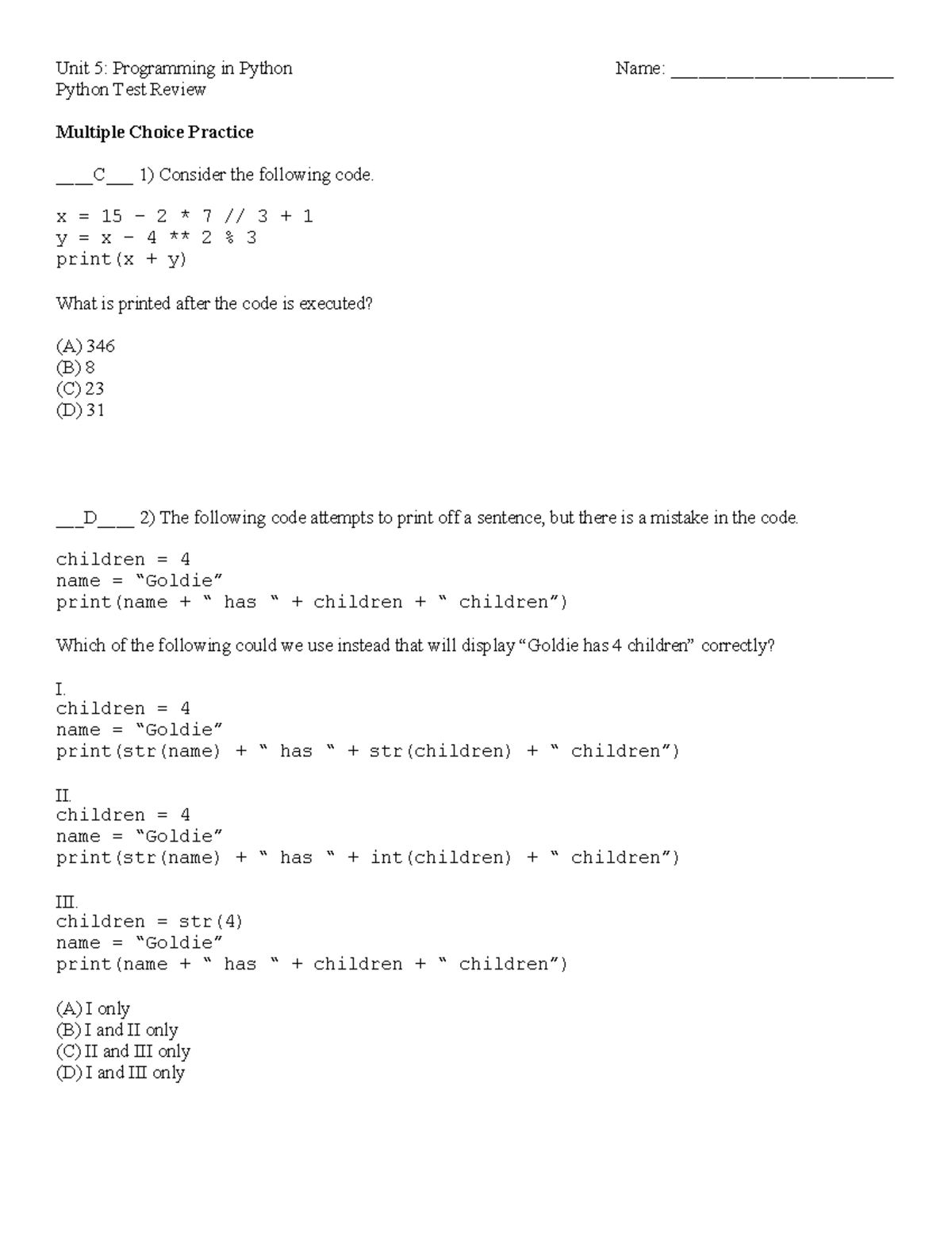 Javier's Python Test Review: Unit 5 Programming MCQ Practice - Studocu