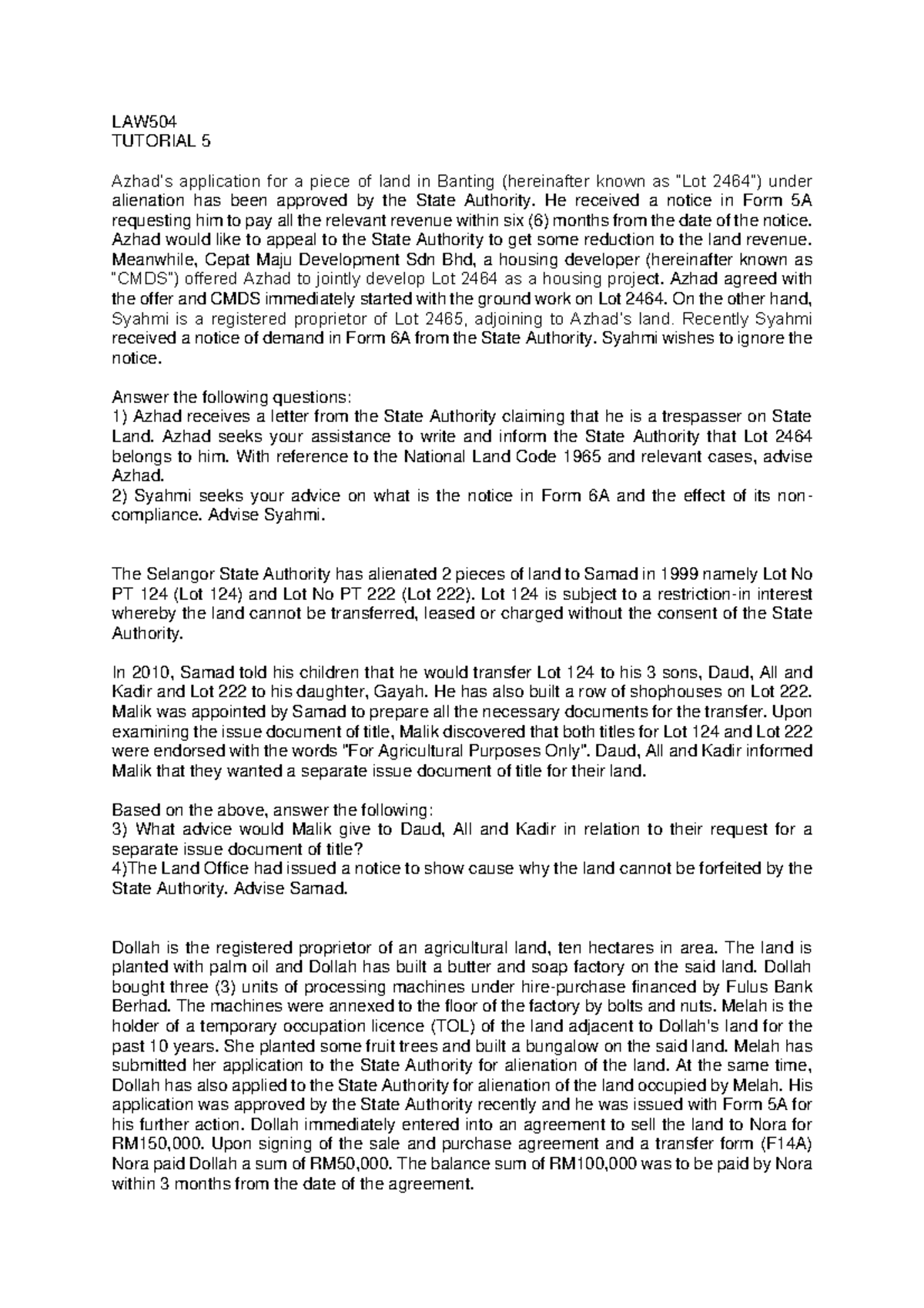 Tutorial 5 - LAW 504: Land and Property Issues & Case Analysis - Studocu