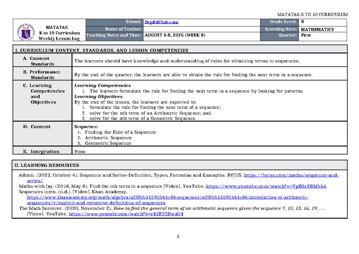 DLL Matatag Mathematics 8 Q1 Week 8 Lesson Plan - Studocu