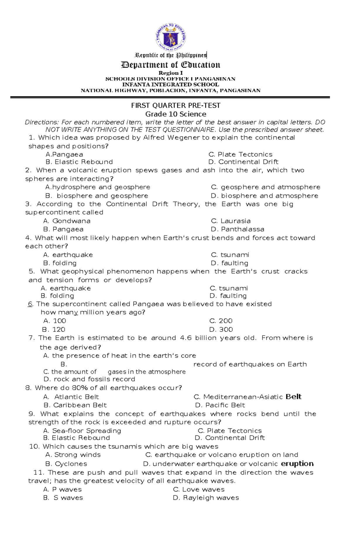 Science-10- Pretest-1-40 - FIRST QUARTER PRE-TEST Grade 10 Science ...