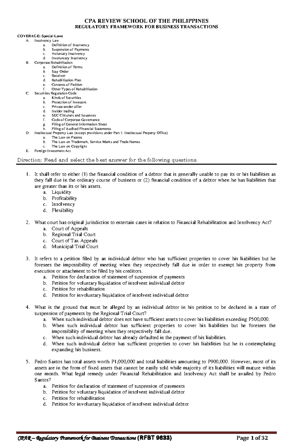 CPAR Special Laws MCQs Review (RFBT 9633) - Studocu