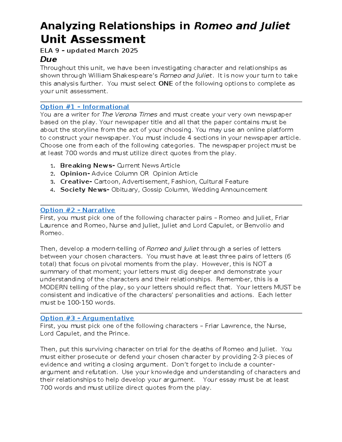 Romeo and Juliet Assessment - Analyzing Relationships in Romeo and ...