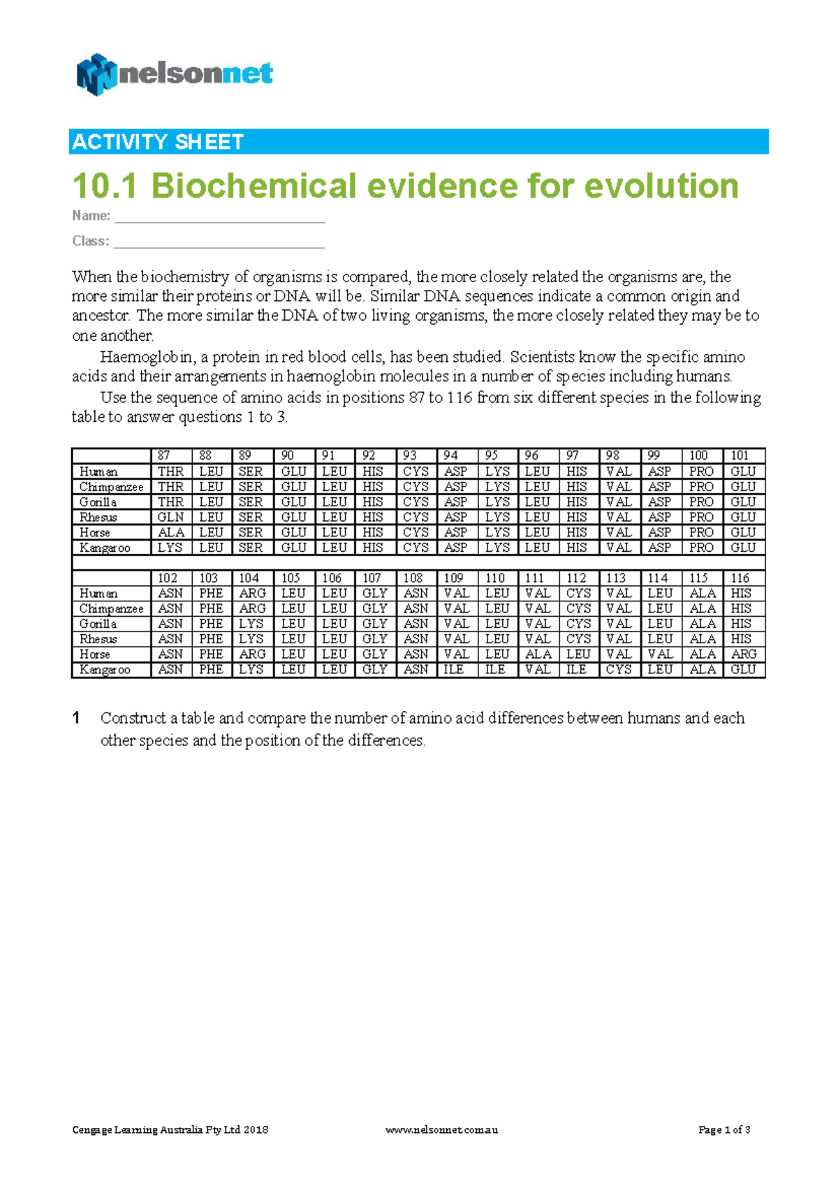 Biochemical Evidence for Evolution: Activity Sheet 10.1 - Studocu