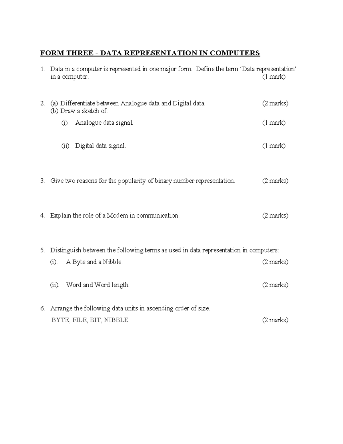 FORM THREE DATA REPRESENTATION IN COMPUTERS: BINARY QUESTIONS - Studocu
