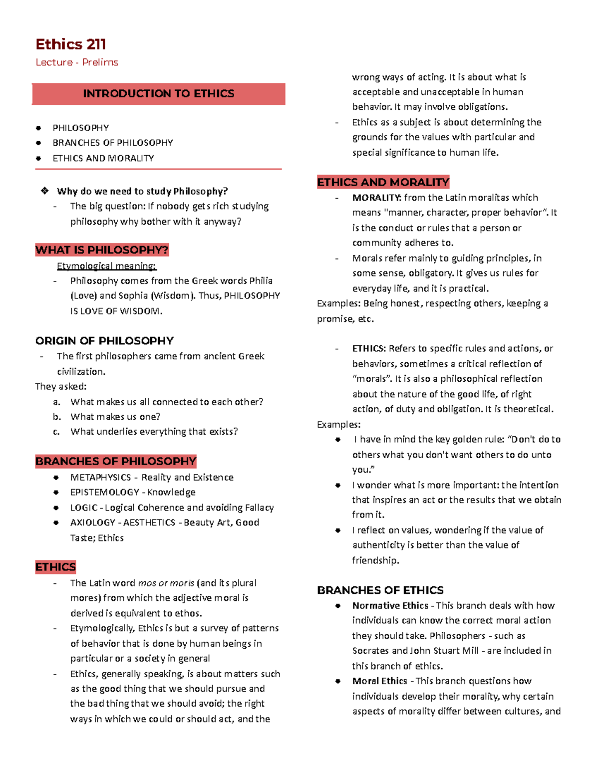 ETHICS 101 - PRELIMINARY LECTURE NOTES - Studocu