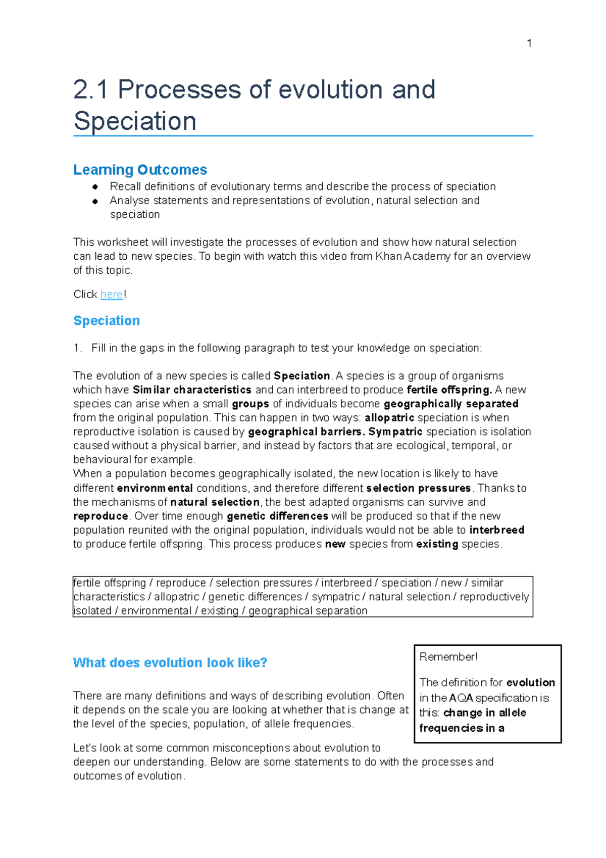 Speciation Processes Worksheet; Chapter 14 Overview - Studocu
