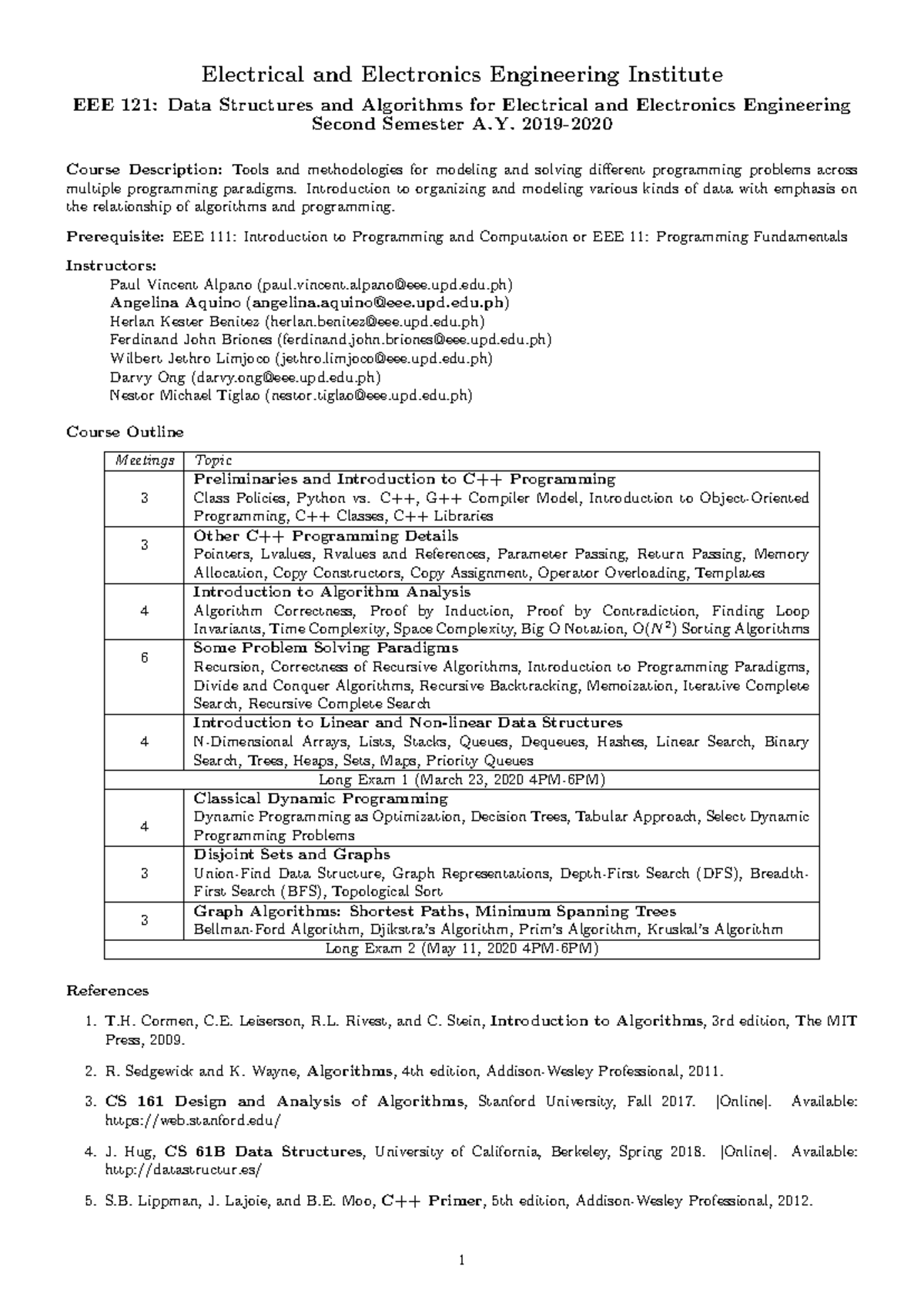 EEE 121 Syllabus: Data Structures & Algorithms Course Outline - Studocu