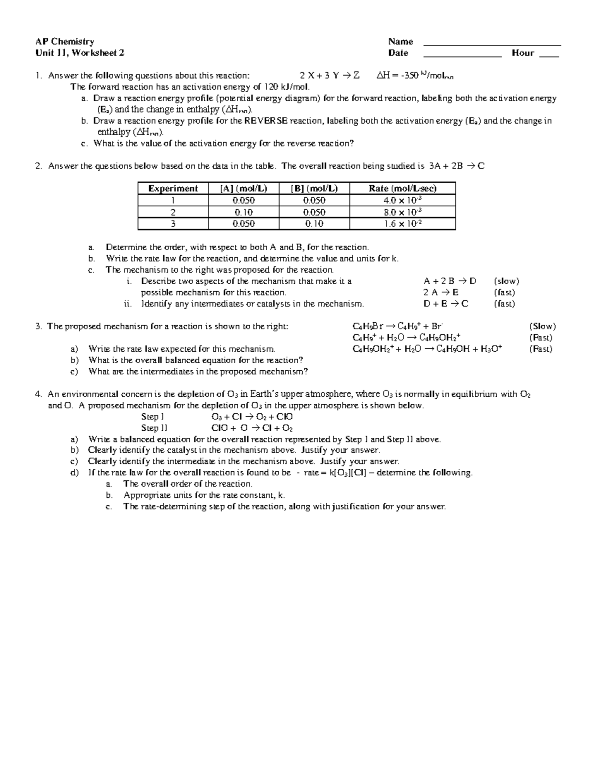 AP Chemistry Unit 11 Worksheet 2: Reaction Mechanisms and Rate Laws ...