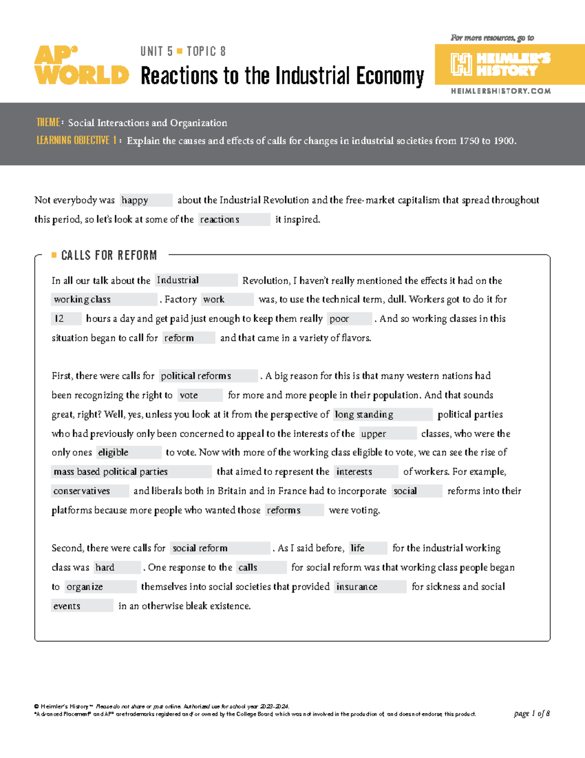 AP World Unit 5 Topic 8 Reform Movements (Answer Key) - Studocu