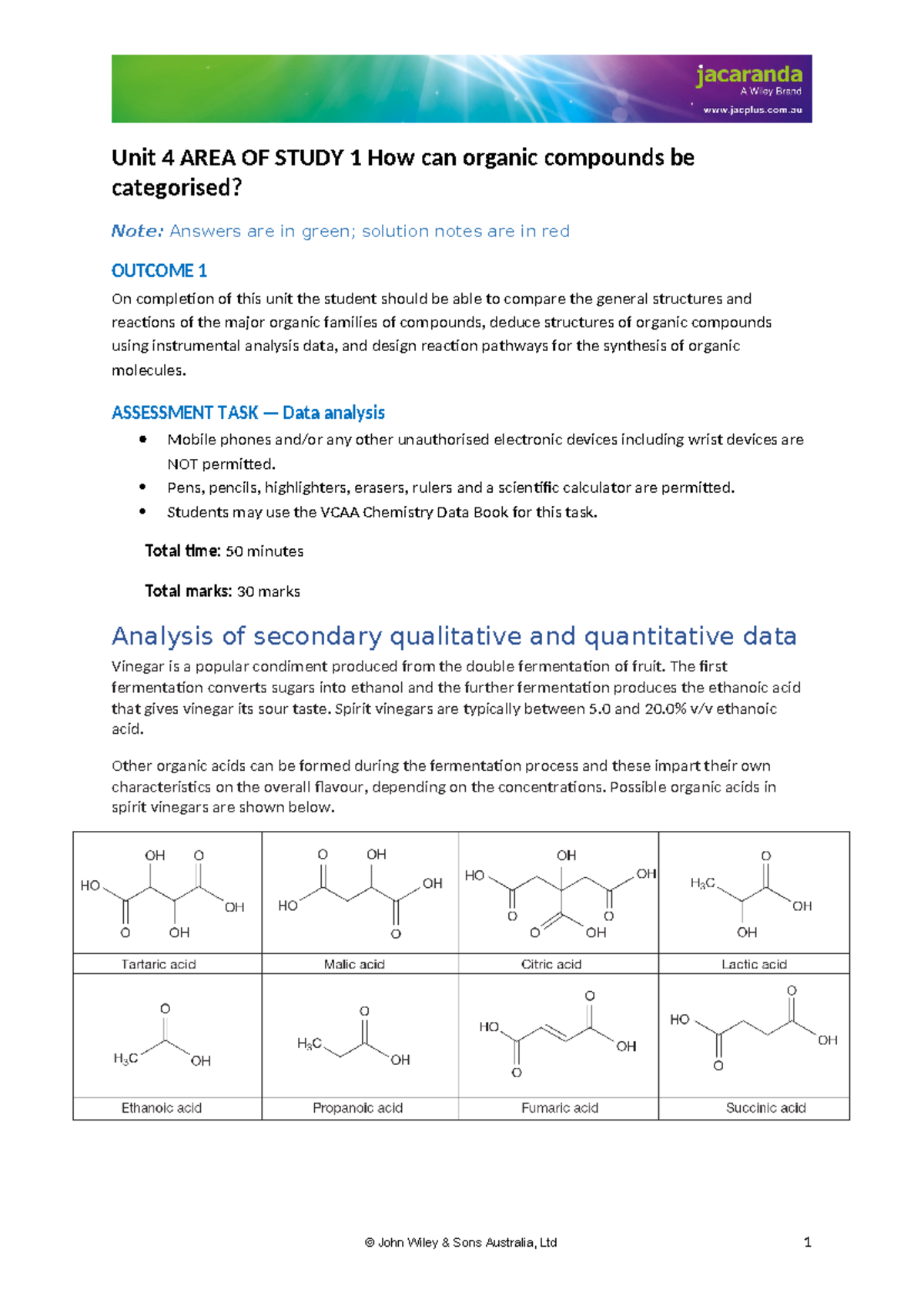 Unit 4 AOS 1 Practice SAC: Organic Compounds Analysis Solutions - Studocu