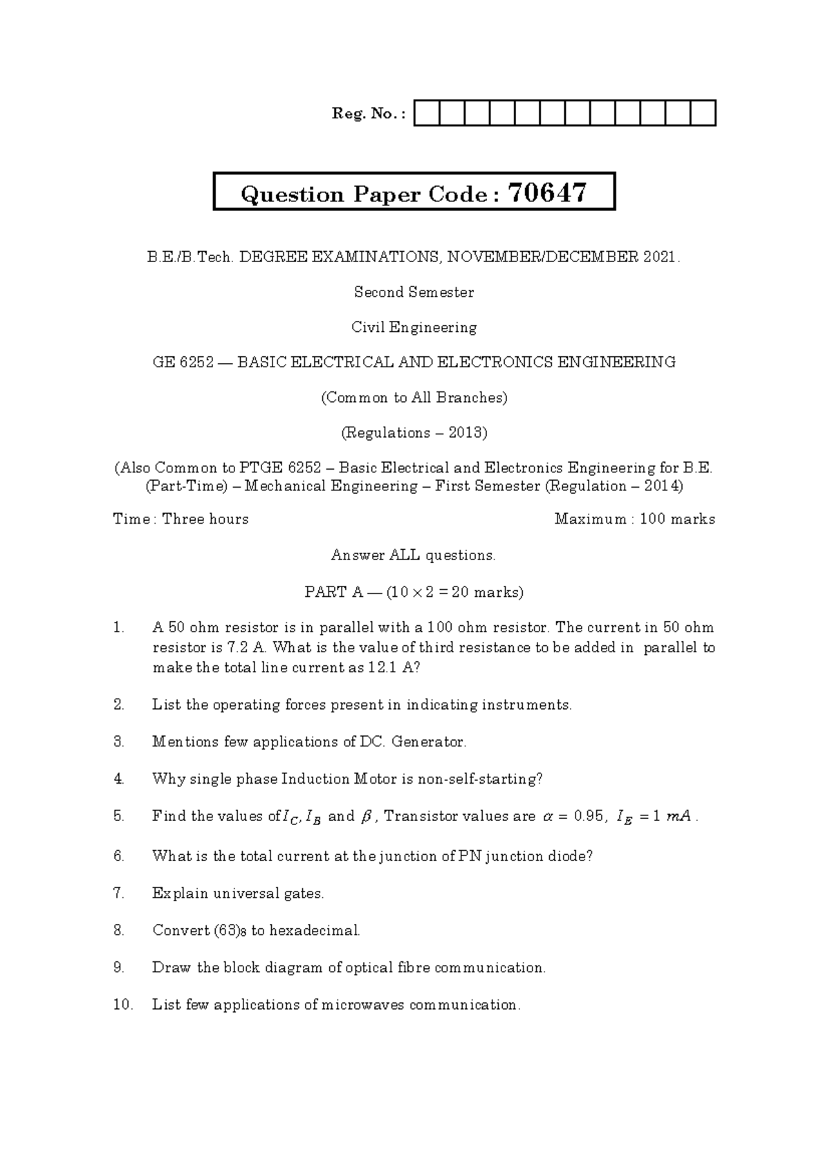 Basic Electrical and Electronics Engineering GE 6252 Exam QP 70647 ...