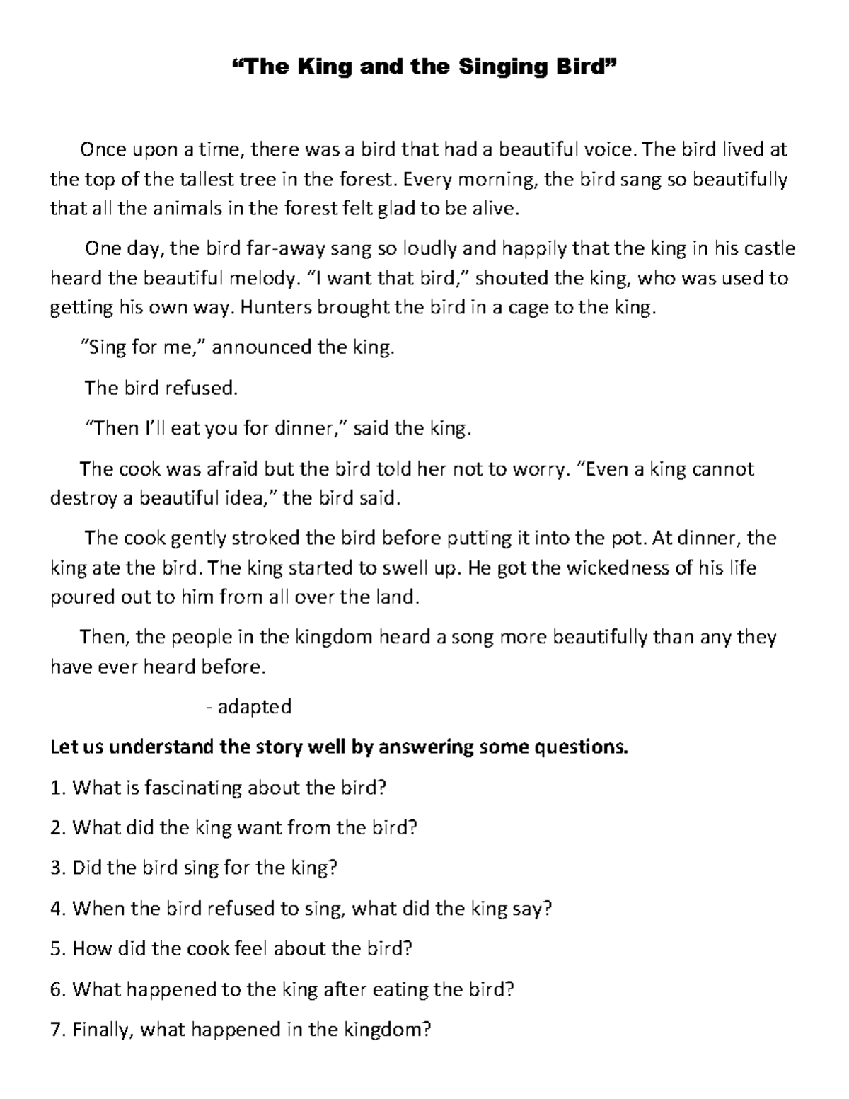 LESSON PLANS FOR GRADE 6 - “The King and the Singing Bird” Once upon a ...