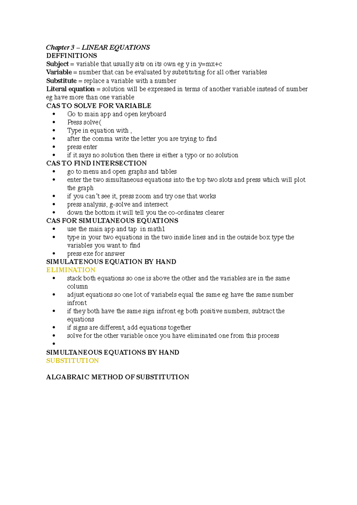 UNIT 2: Linear Equations and Simultaneous Solutions Guide - Studocu