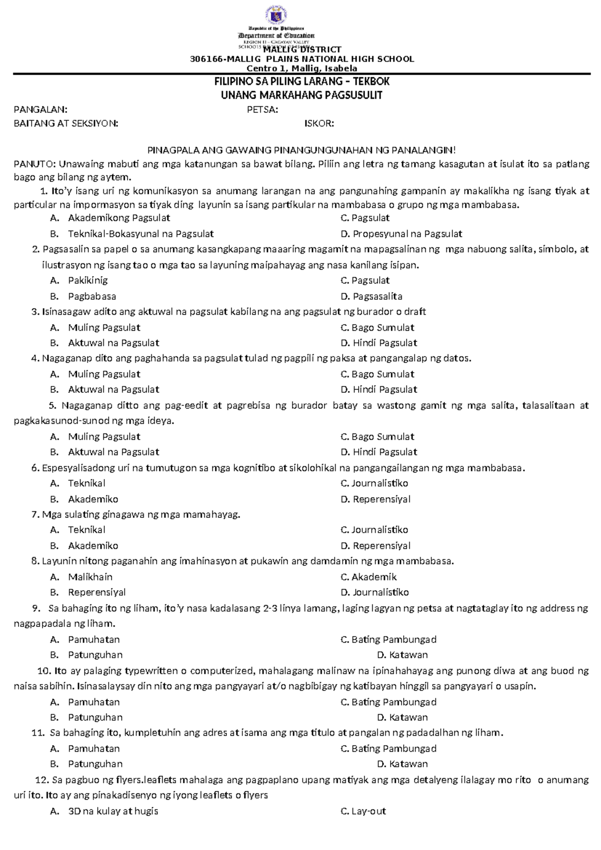 1st Quarter Exam FPL Tekbok - 306166-MALLIG PLAINS NATIONAL HIGH SCHOOL ...