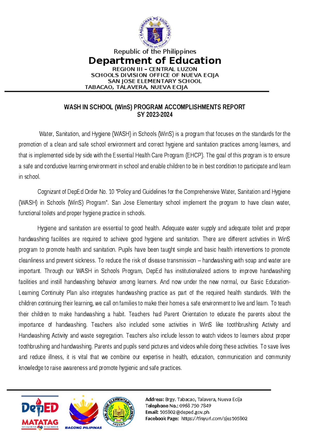 WINS Program Accomplishments Report for SY 2023 - San Jose Elementary ...