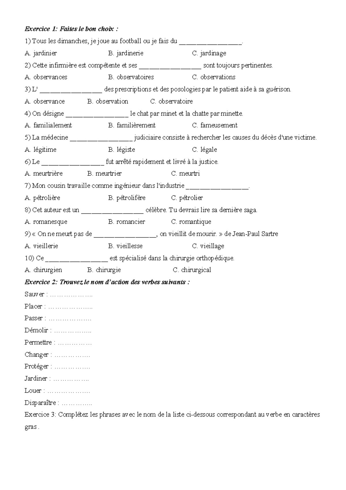 Exercice de vocabulaire et de grammaire : Bài tập danh từ hóa - Studocu