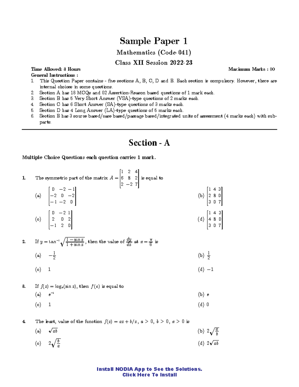MA Sample Paper 1 Unsolved - CBSE Mathematics Class 12 Sample Paper 1 Page 1 Install NODIA App ...