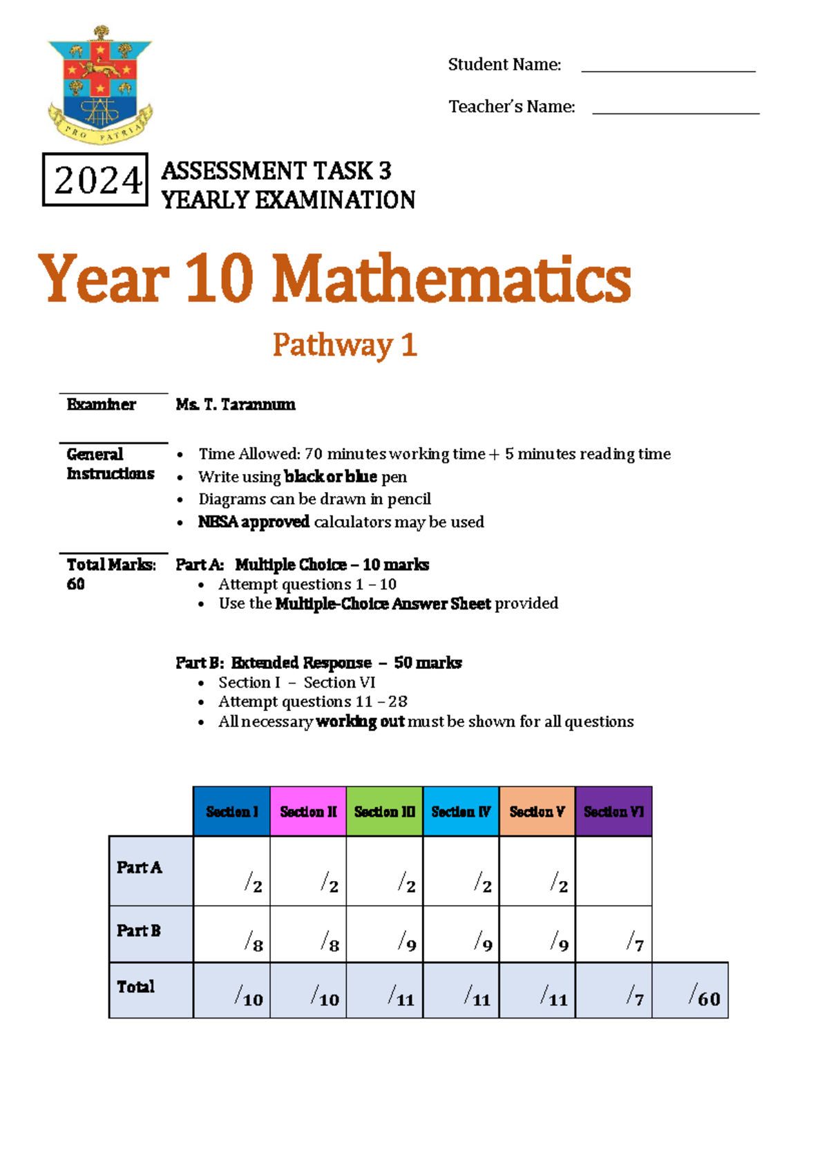 2024 Year 10 Mathematics Task 3 Final Examination Guide - Studocu