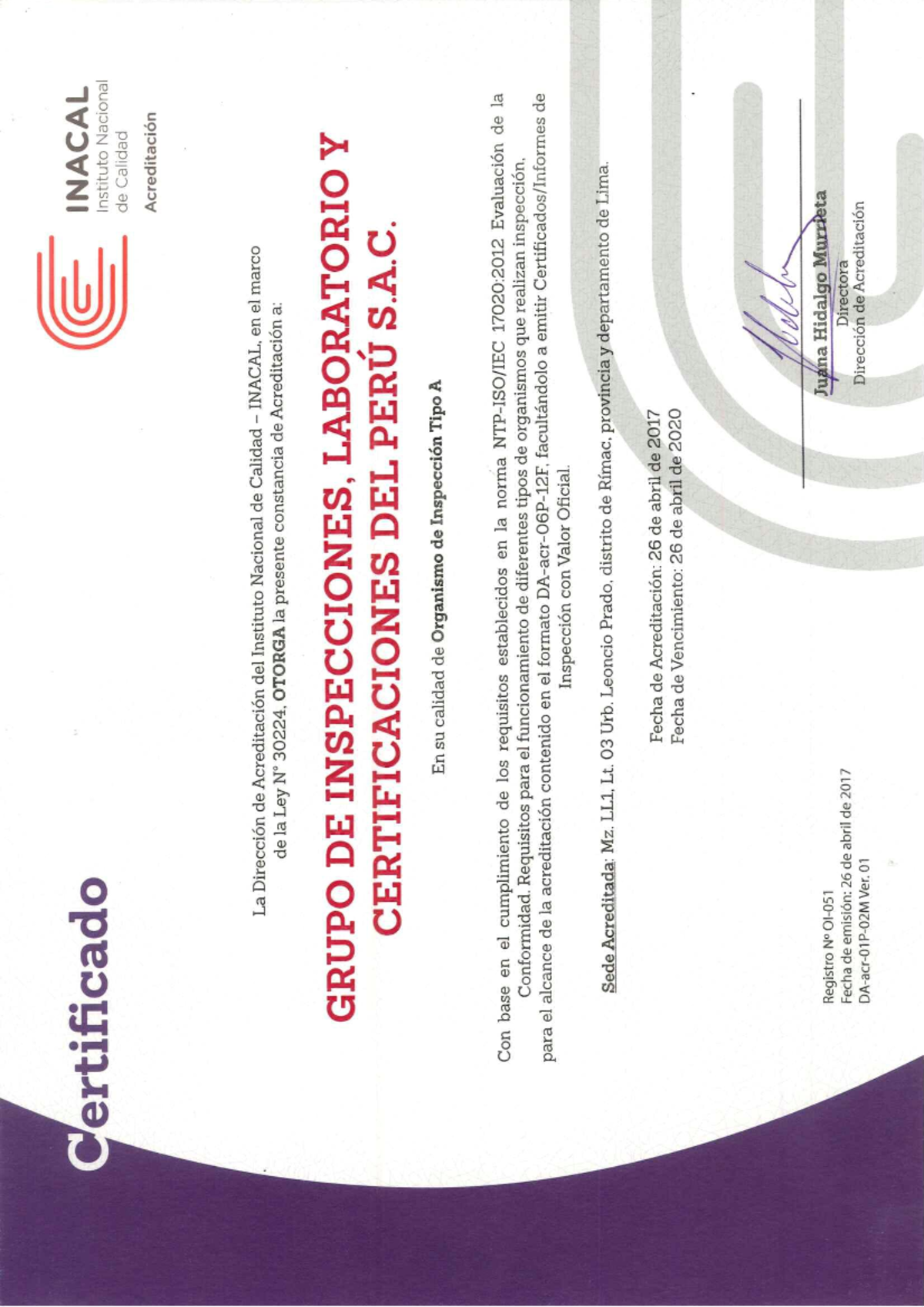 Acreditacion Inacal Grupo Inspecciones Lab - Certificado C INACAL ...