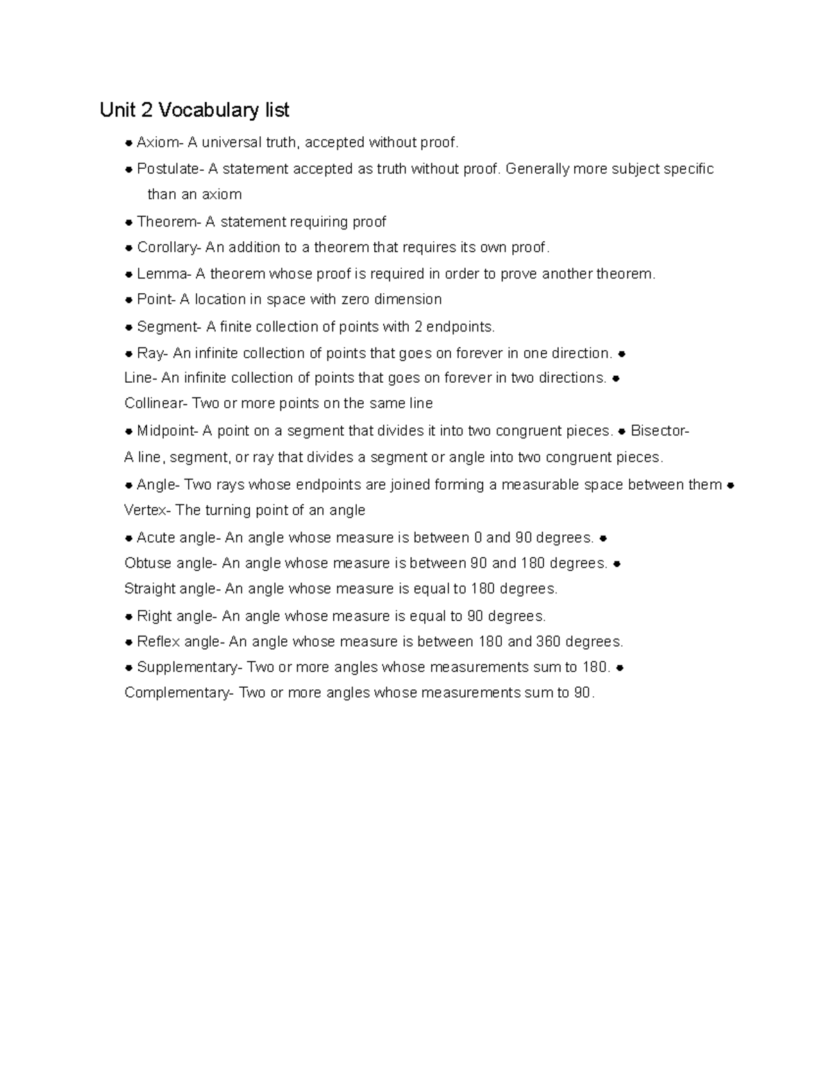 Unit 2 Vocabulary List: Key Terms in Geometry Concepts - Studocu