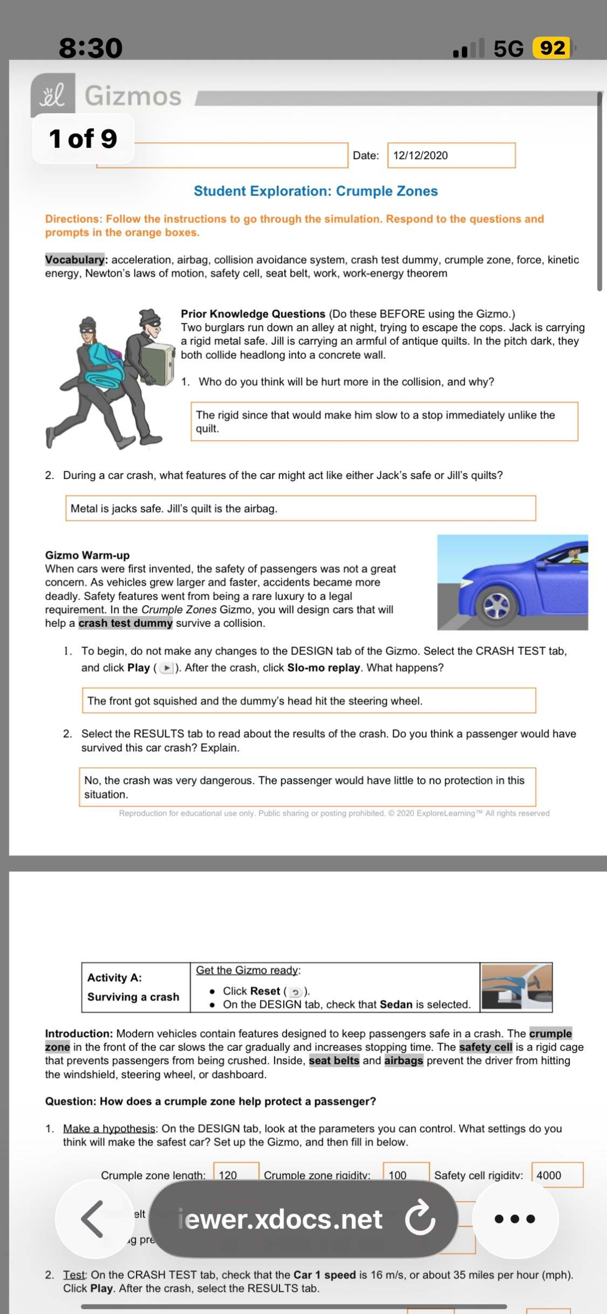 5G 92 Gizmos: Crumple Zones Simulation Exploration Guide - Studocu