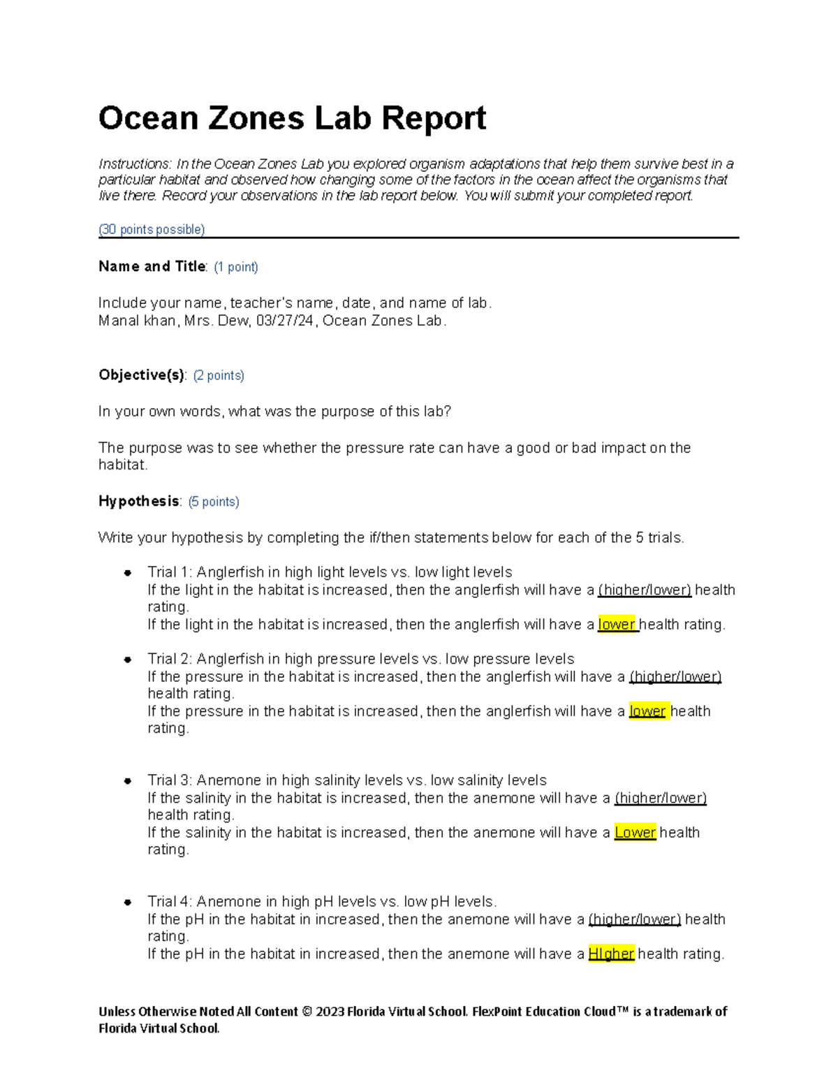 Ocean zones lab report - Ocean Zones Lab Report Instructions: In the ...