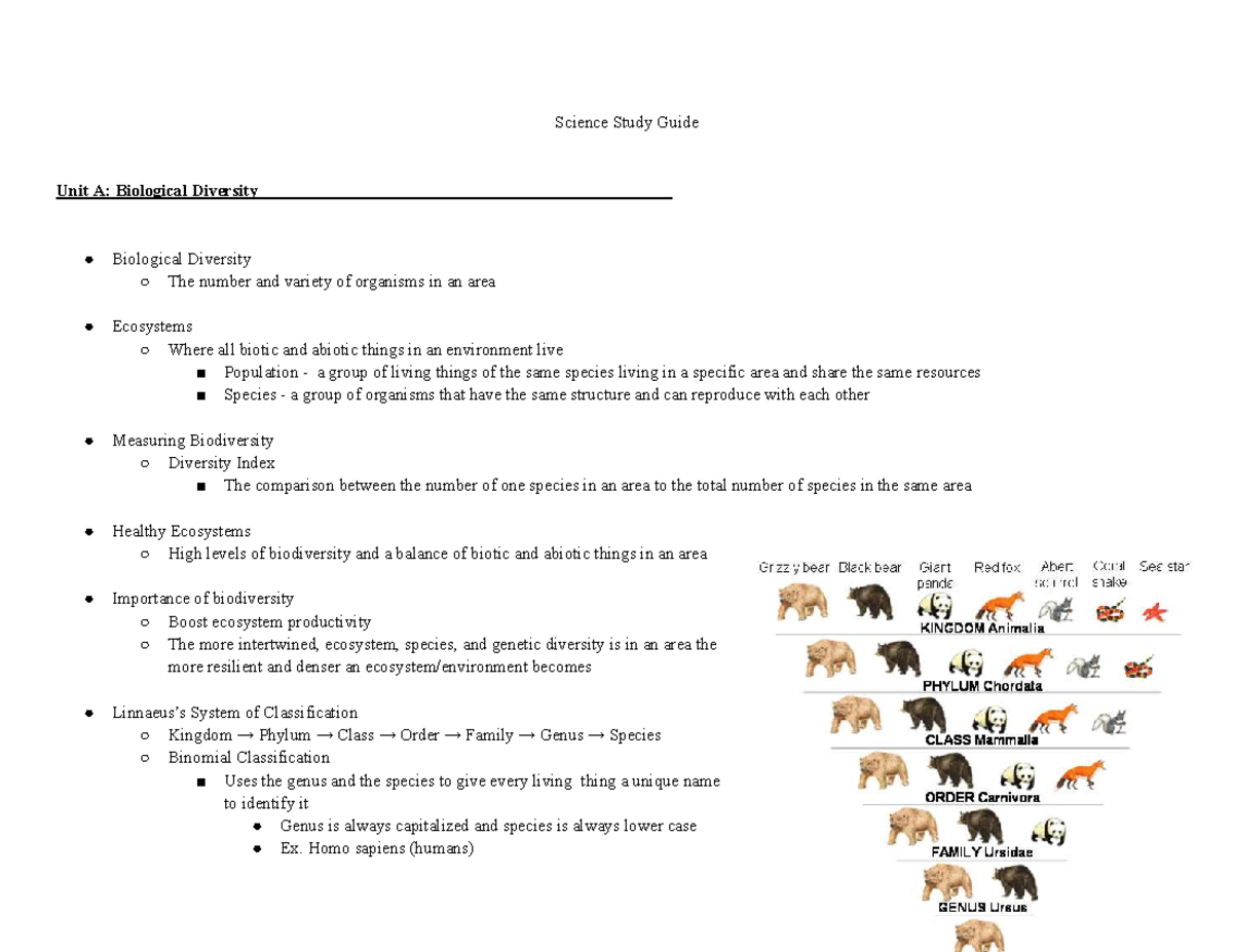 Science Study Guide: Final Exam on Biological Diversity (SCI 101) - Studocu